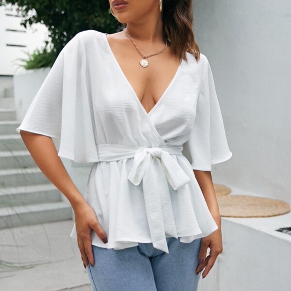 BellanBlue | Tops | Boho White Butterfly Sleeve Surplice Top | Poshmark